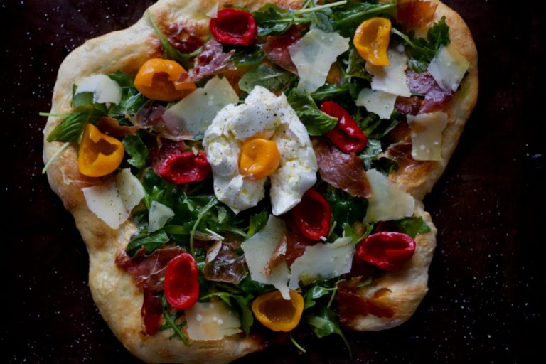 fresh mozzarella, sweet cherry peppers and arugula pie - The Culinary Chase